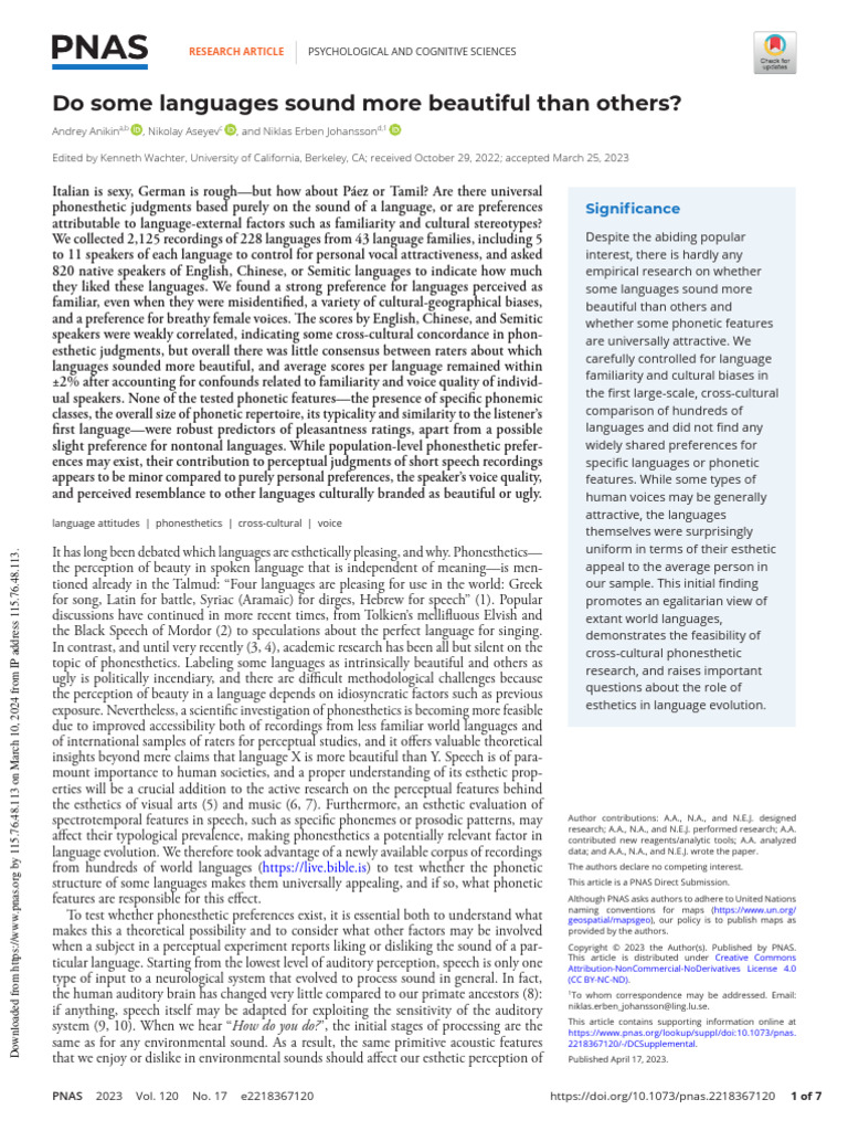 Anikin Et Al 2023 Do Some Languages Sound More Beautiful Than Others | PDF | Phonetics | Speech