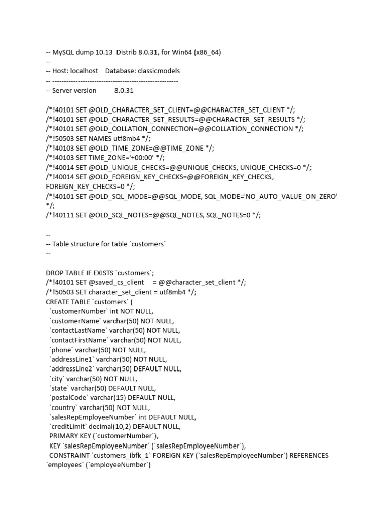 Classicmodels SQL | PDF | Databases | Data Management Software Classicmodels SQL | PDF | Databases | Data Management Software