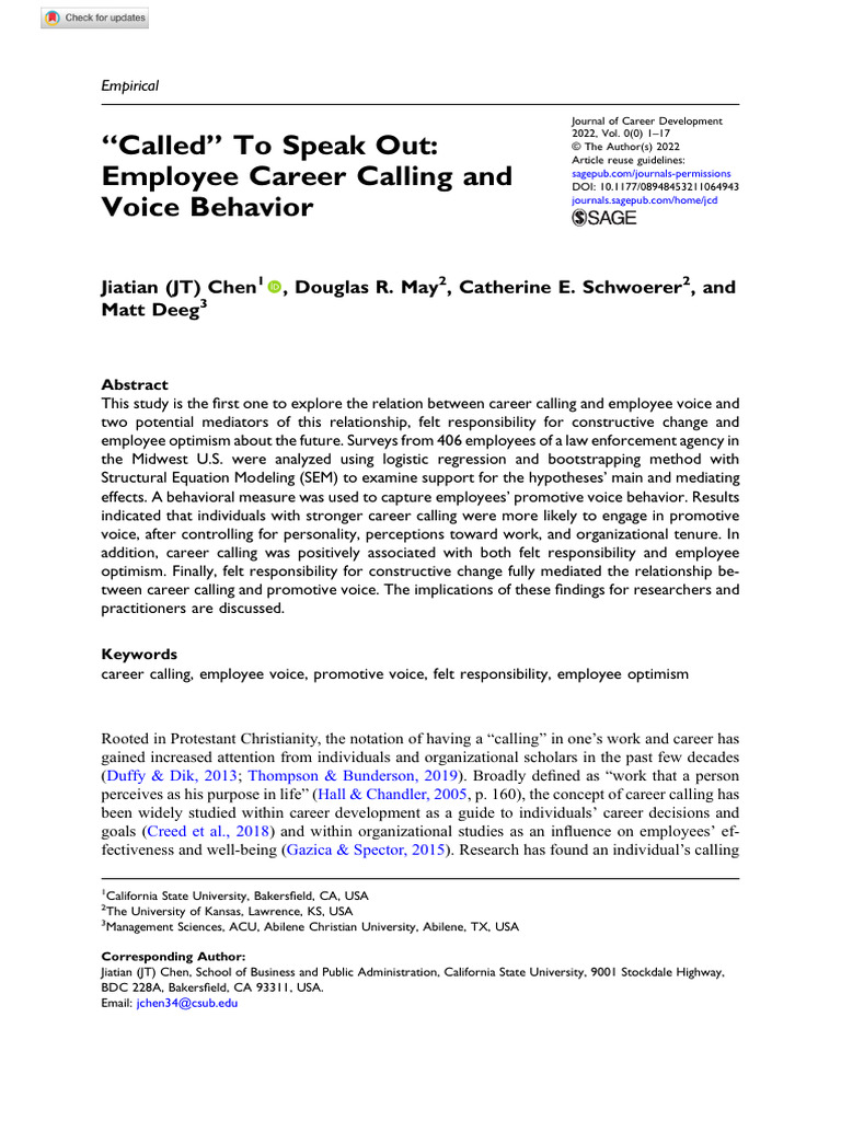 Chen 等 - 2022 - Called To Speak Out Employee Career Calling and | PDF ...