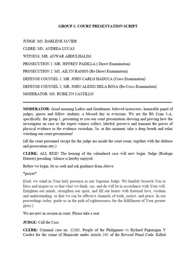 Group 1 Court Presentation Script | PDF | Witness | Reasonable Doubt