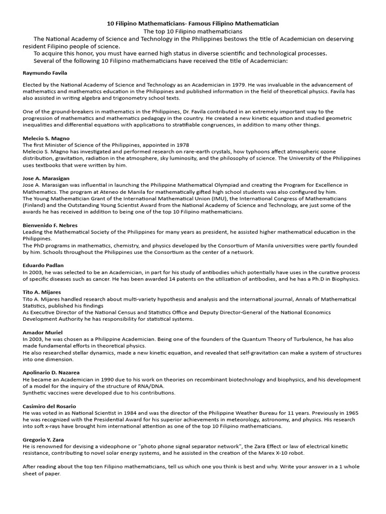 10 Filipino Mathematicians | PDF | Mathematics | Physics