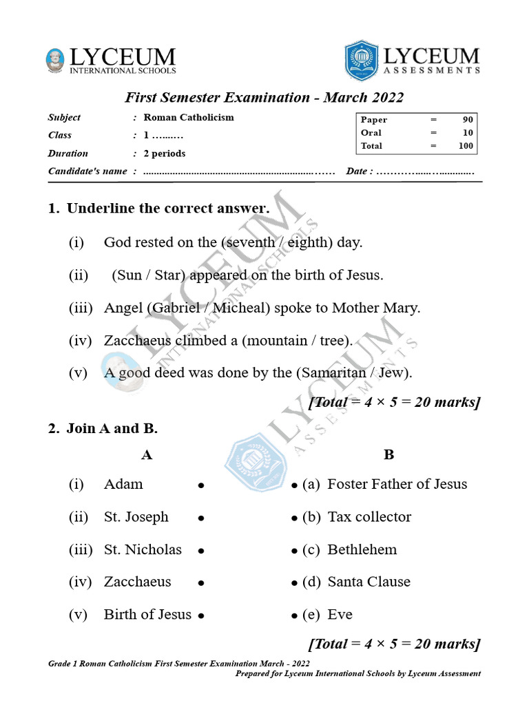 Grade 1 Roman Catholic Exam 2022 | PDF | Nativity Of Jesus | Religious ...
