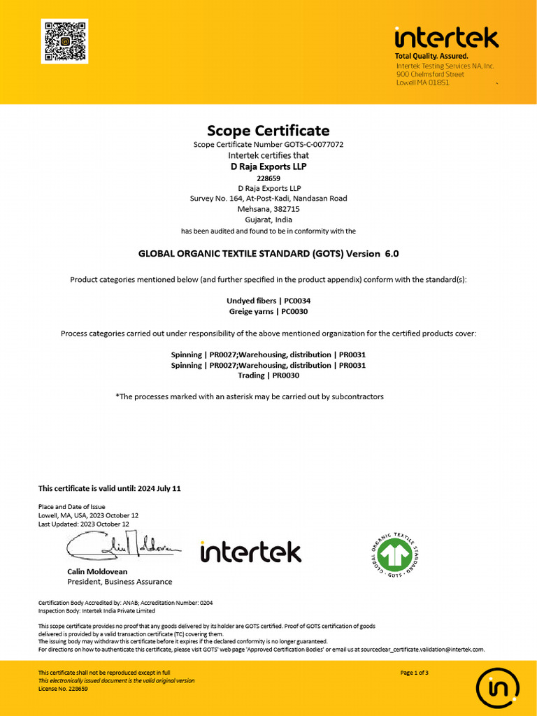 D Raja (GOTS) | PDF | Yarn | Certification