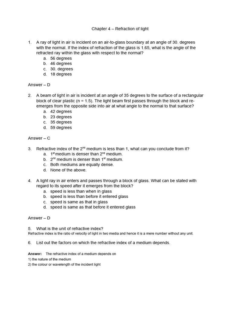 Refraction of Light: Questions & Answers | PDF | Refraction ...
