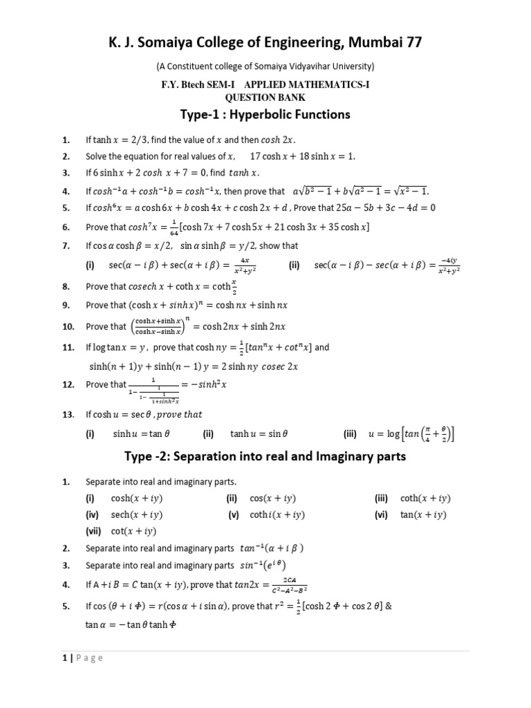 Question Bank For Hyperbolic, Inverse Hyperbolic, Log of Complex | PDF | Logarithm ...