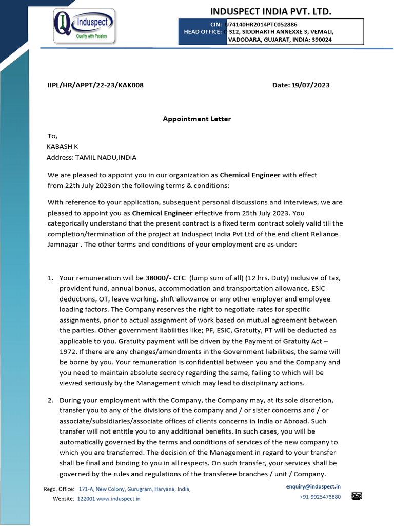 Induspect Appointment Letter | PDF | Employment | Salary