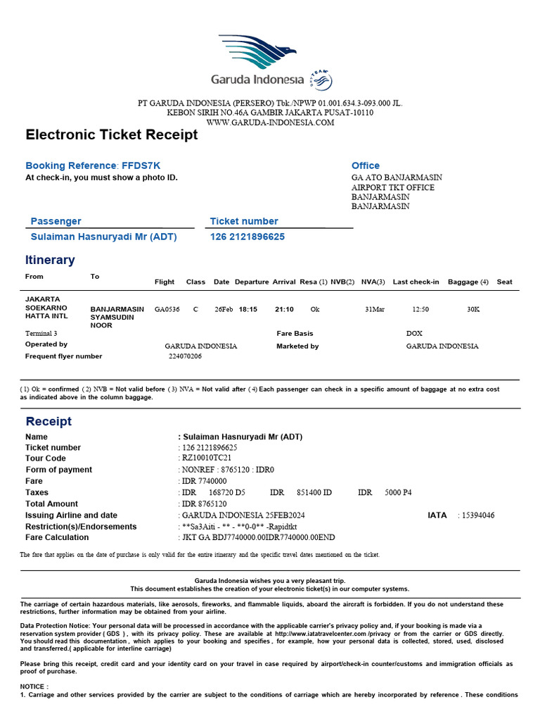 Garuda Indonesia Electronic Ticket Receipt | PDF | Dangerous Goods ...