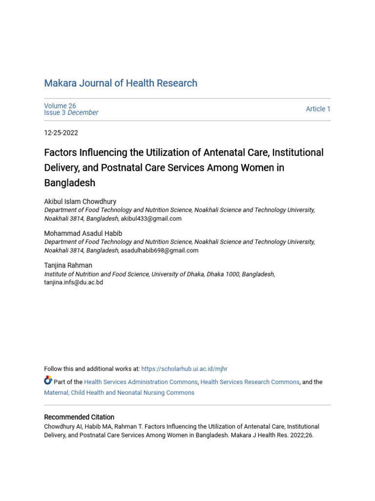 Factors Influencing The Utilization Of Antenatal Care Pdf Maternal