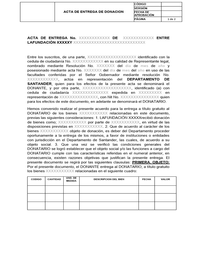 EJEMPLO ACTA DE ENTREGA DE DONACIÓN | Descargar gratis PDF | Donación