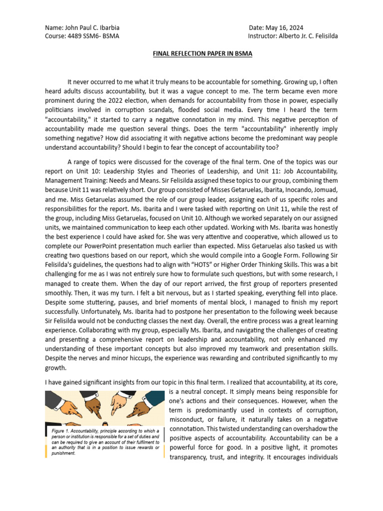 Final Reflection Paper in Bsma | PDF | Accountability | Leadership