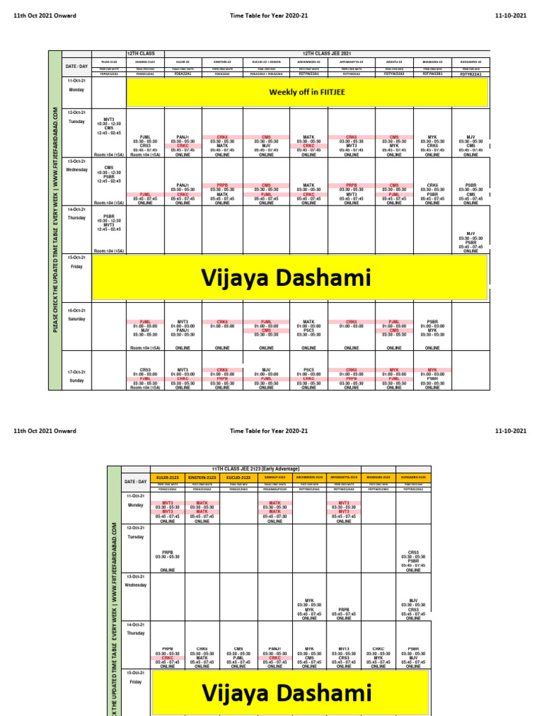 12th Class JEE 2021 Time Table | PDF
