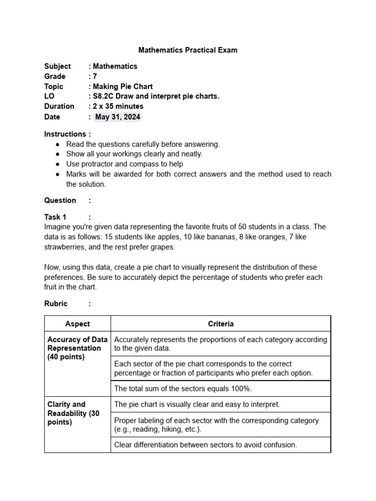 Grade 7 - Math - Practical Exam - Pointers | PDF | Pie Chart