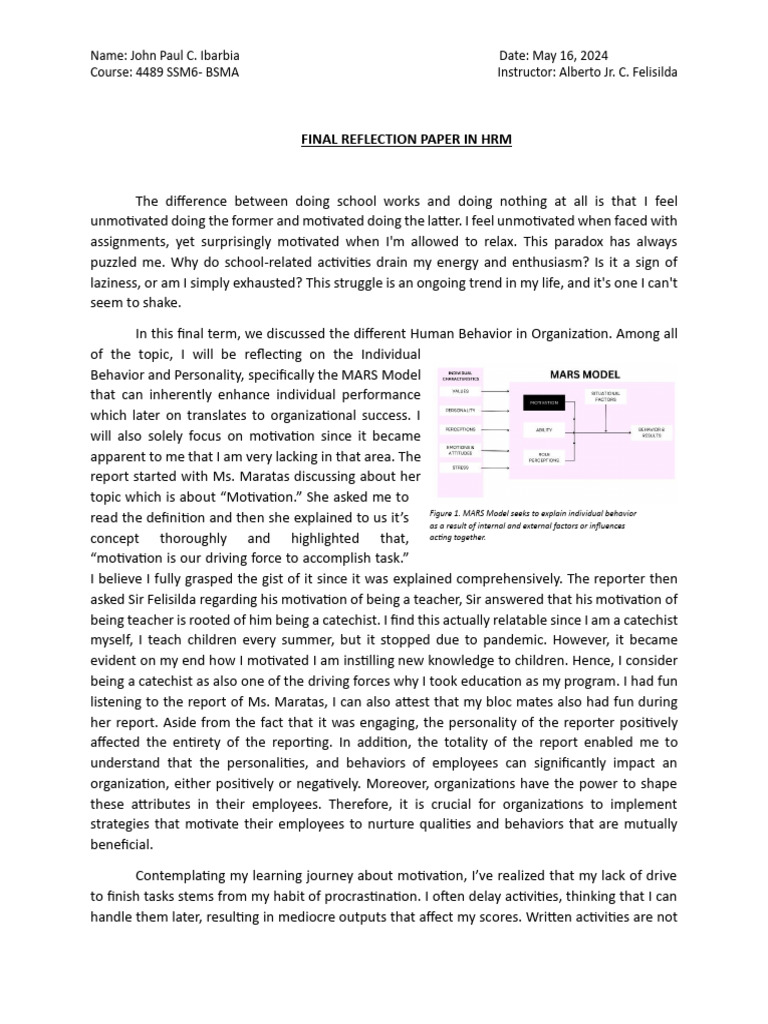 Final Reflection Paper in HRM | PDF | Disciplines | Motivational