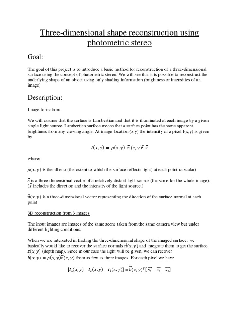 Three Dimensional Shape Reconstruction Using Photometric Stereo Pdf
