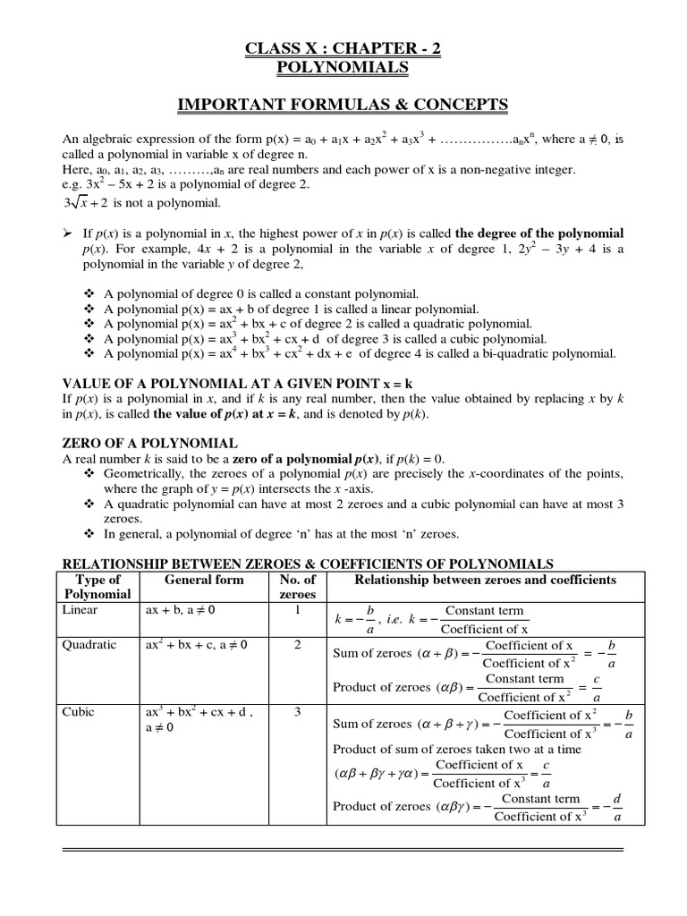 Class 10 Polynomials WS | PDF | Quadratic Equation | Polynomial