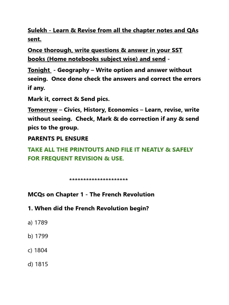 MCQs On Chapter 1 French Revolution | PDF | French Revolution ...