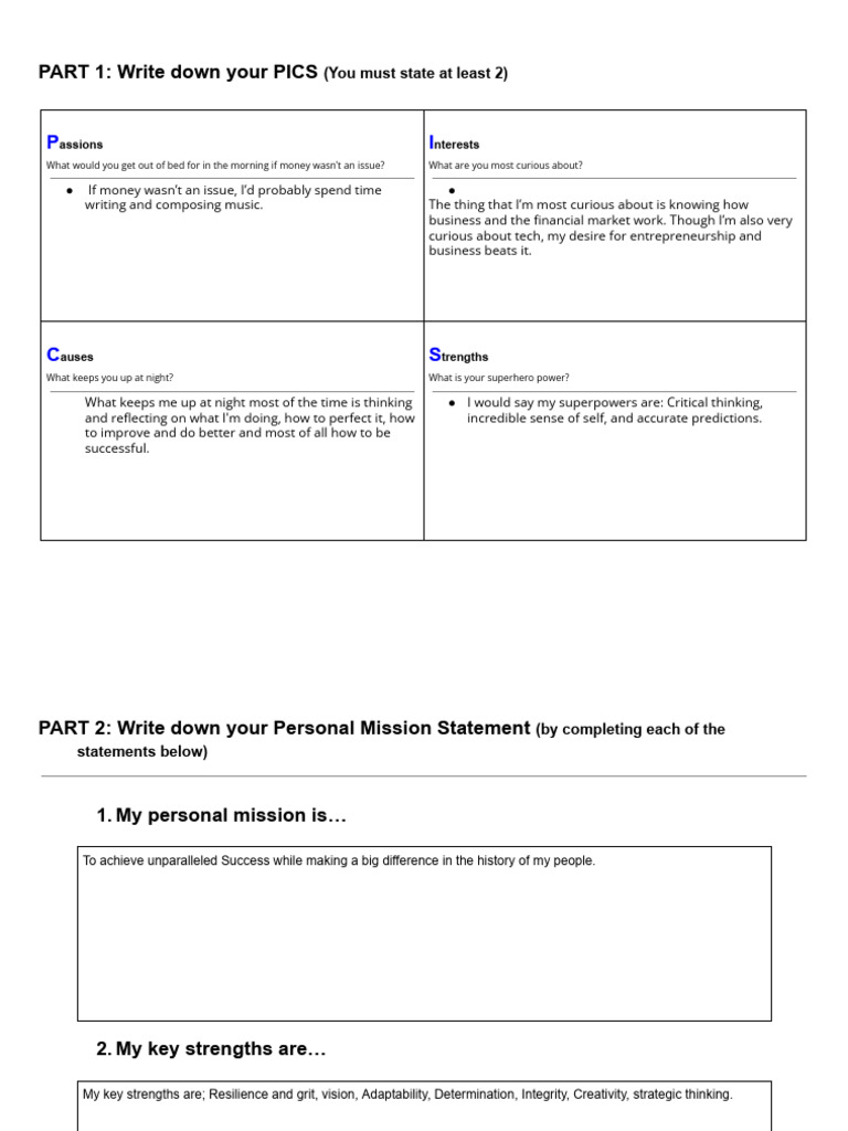 Personal Vision Statement Worksheet