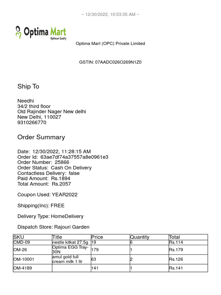 OptimaMartInvoice - 2022-12-30T105335.633 | PDF | Snack Food | Biscuit