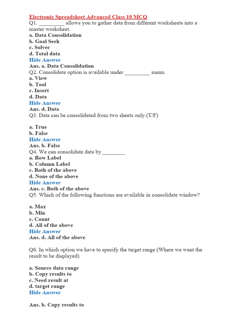 Electronic Spreadsheet Imp Mcqs | PDF | Spreadsheet | Worksheet