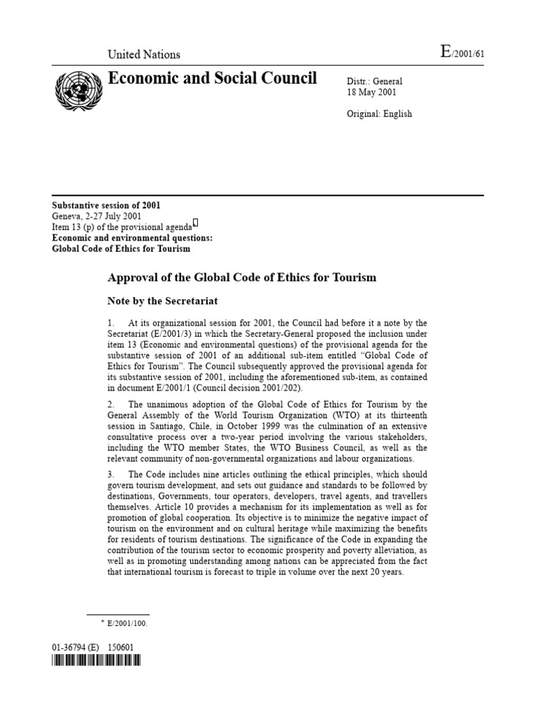 Approval of The Global Code of Ethics For Tourism | PDF | United ...