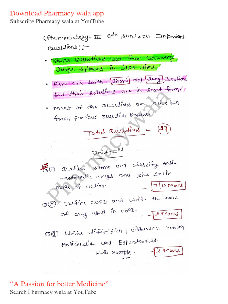 Pharmacology 3 Important Questions 6th Semester B Pharm Shahruddin ...
