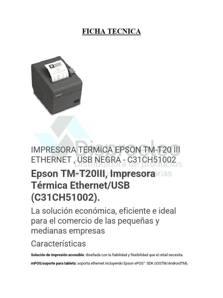 Impresora Térmica Epson TM-T20 III | PDF | Impresora (Computación ...