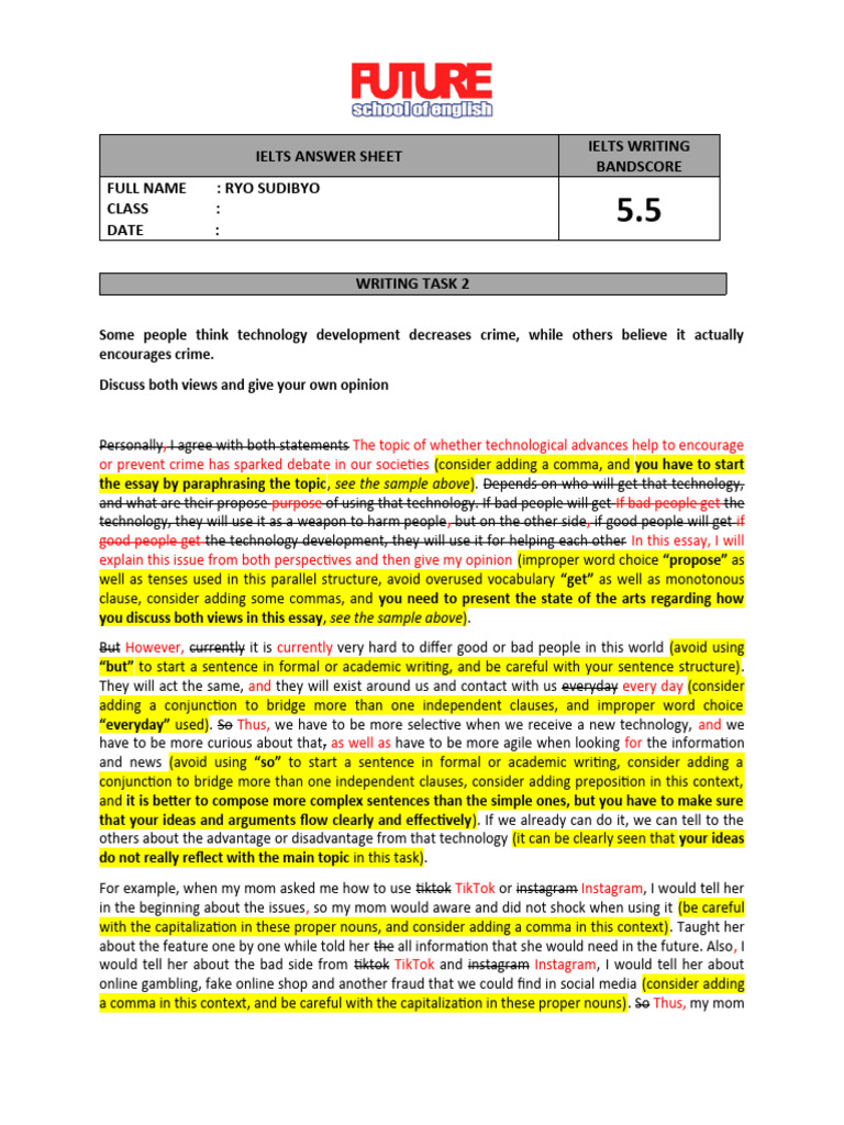 WRITING IELTS ANSWER SHEET_Ryo S - Corrected | Download Free PDF ...