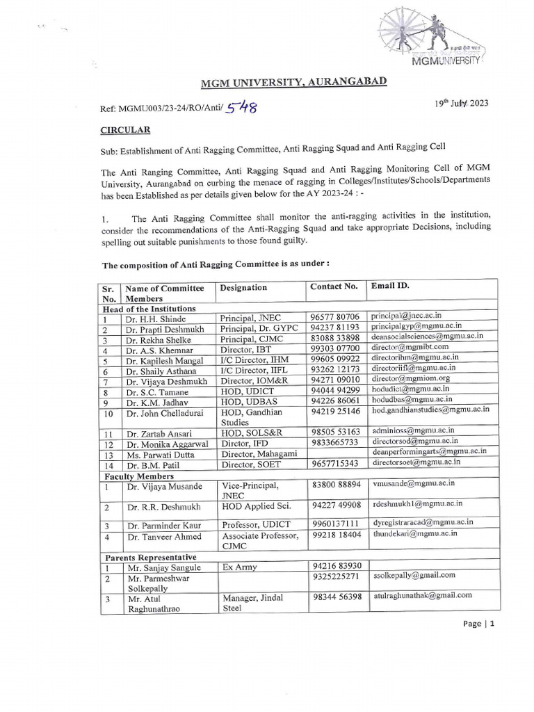 Anti Ragging Committee For AY 2023-24 | PDF