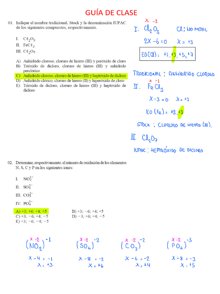 Nomenclatura Inorgánica - Guía de Clase Resuelta | PDF