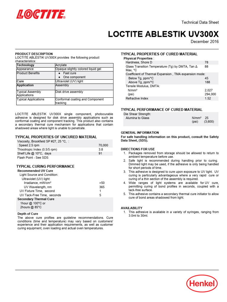 LOCTITE ABLESTIK UV300X en - GL | PDF | Ultraviolet | Adhesive