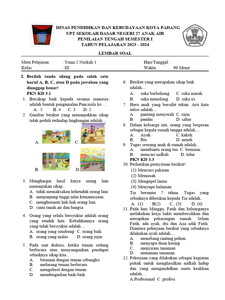 Soal Ujian Pts Kelas 3 Tema 2 Naskah 1 SD 27 2023 | PDF