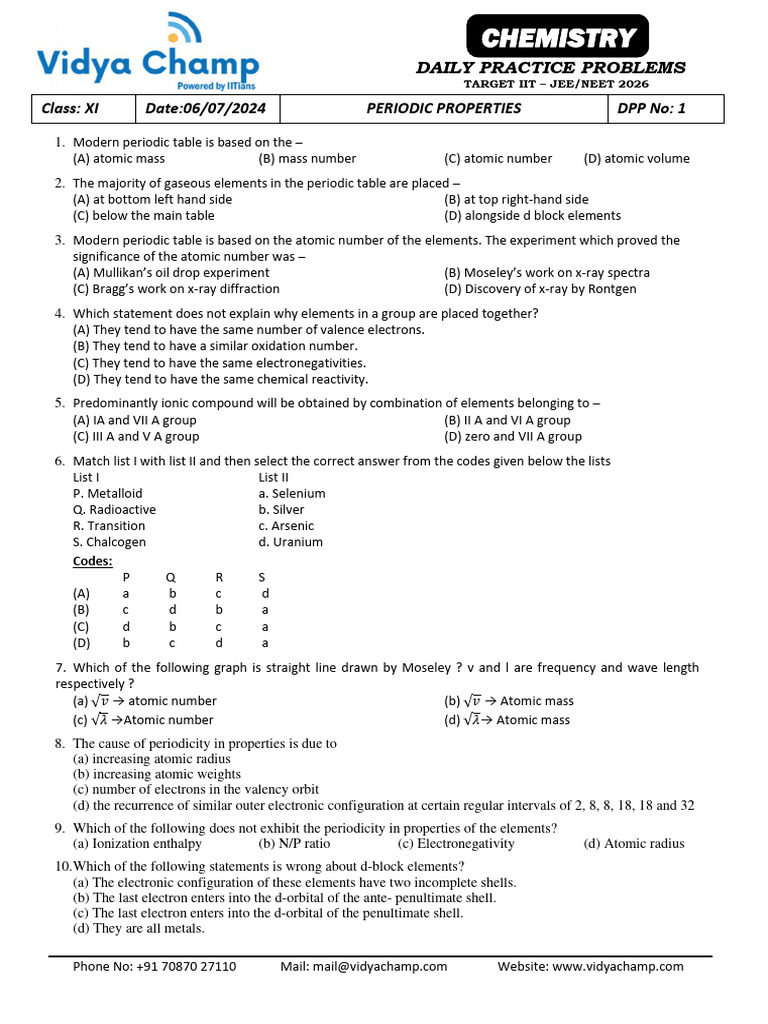 Periodic Properties DPP 01 | PDF | Periodic Table | Chemical Elements