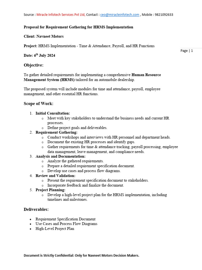 Proposal for Requirement Gathering for HRMS Implementation Navneet Motors | PDF | Information ...