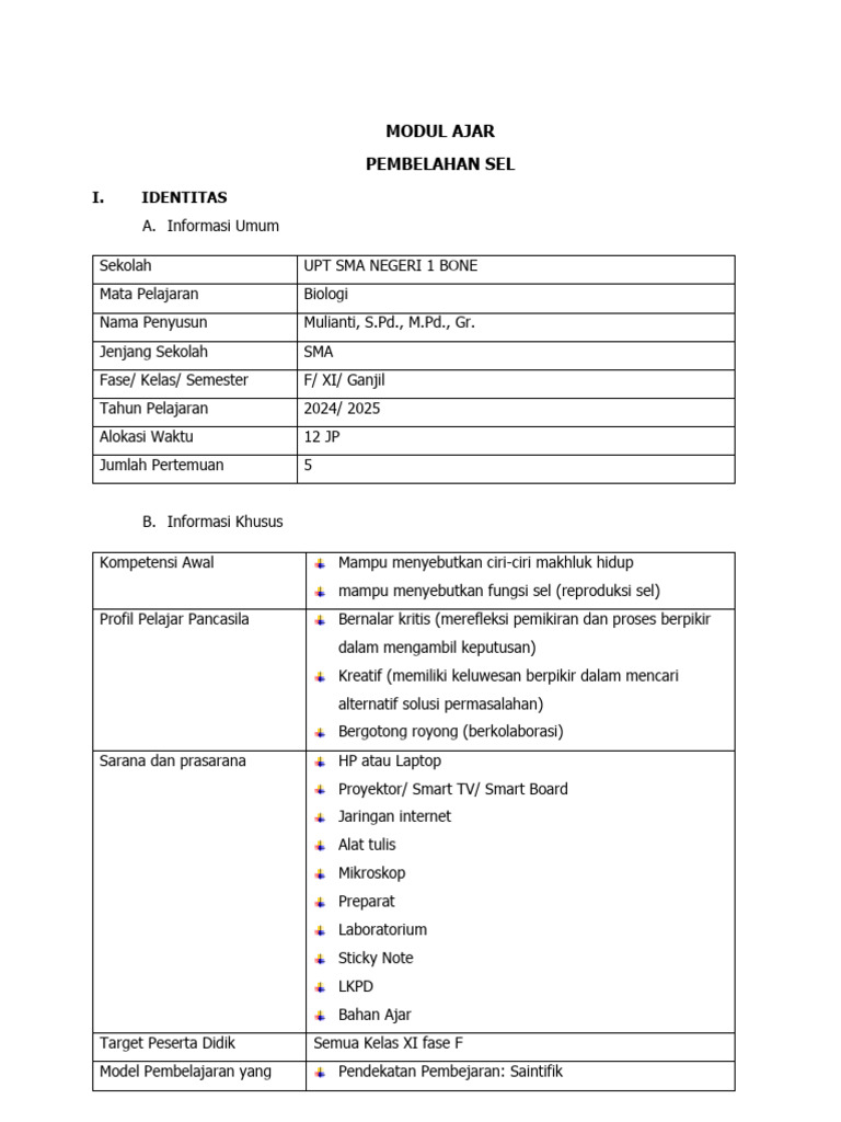 Modul Ajar Pembelahan Sel | PDF