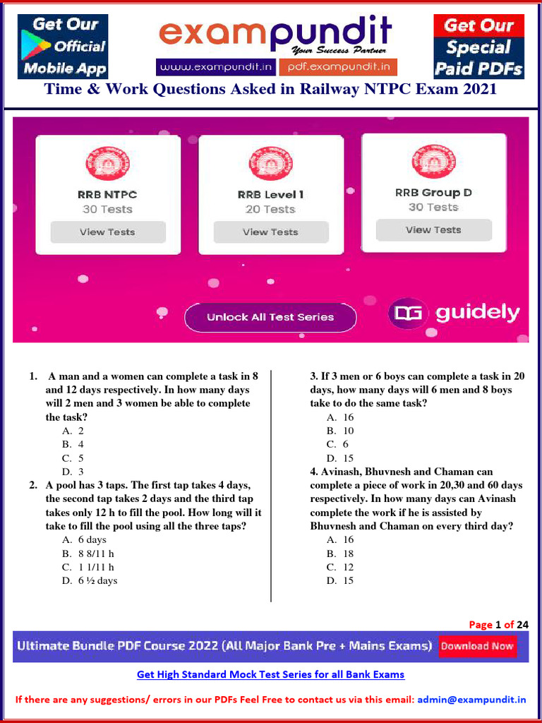 NTPC Time and Work Questions 2021 | PDF