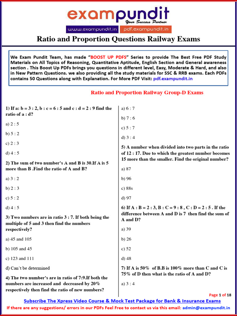 Ratio and Proportion Questions for RRB Exams | PDF | Ratio | Investing