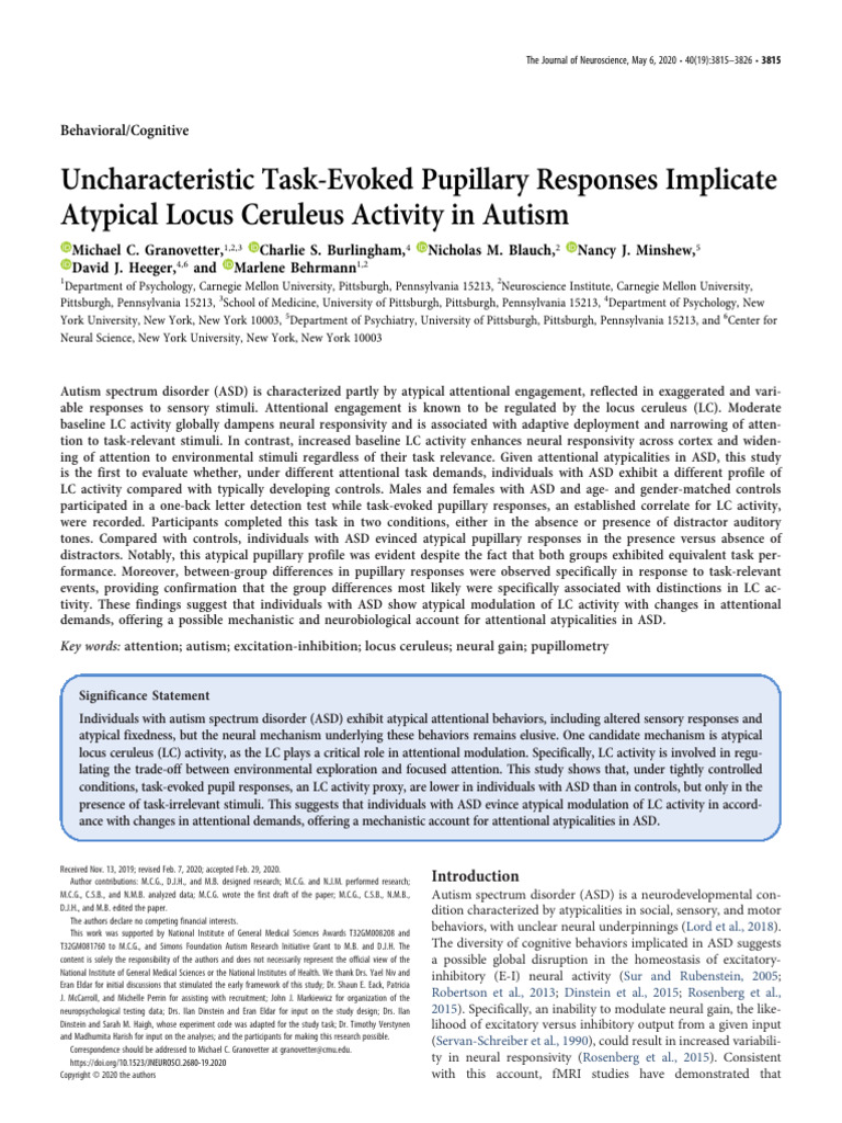 PUMBED. Uncharacteristic Task-Evoked Pupillary Responses Implicate Atypical Locus Ceruleus ...