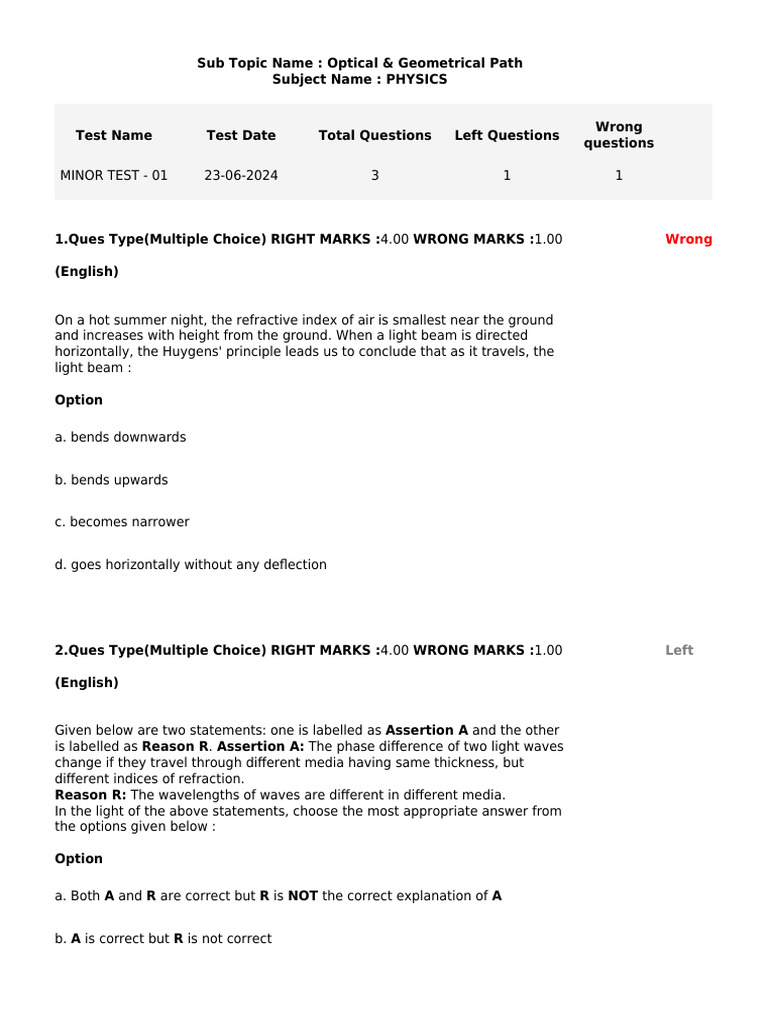 Optical Path Test Questions and Answers | PDF | Teaching Methods ...