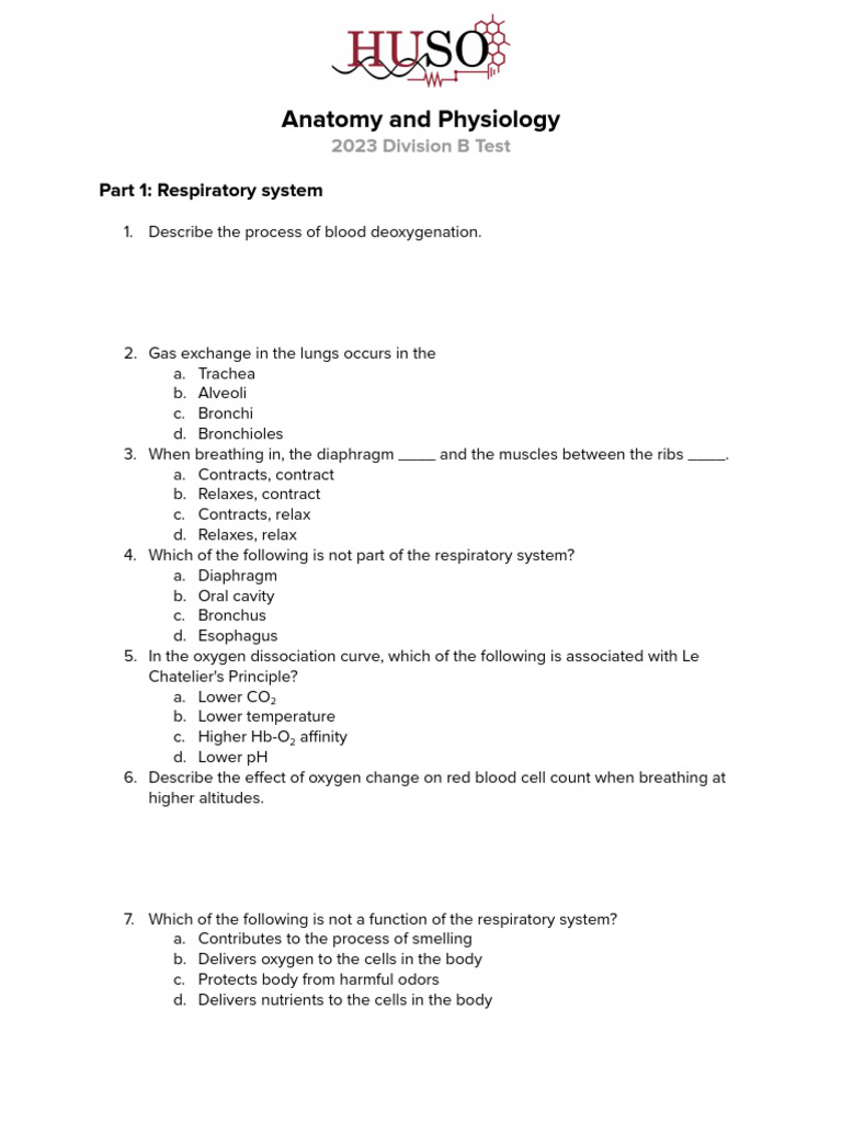 2023 Div B Anatomy - Physiology Test | PDF | Respiratory Tract | Immune ...