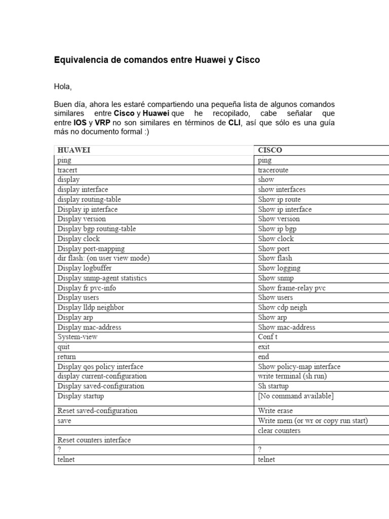 Equivalencias de Comandos Entre Huawei y Cisco | PDF | Telecommunications | Internet Protocols