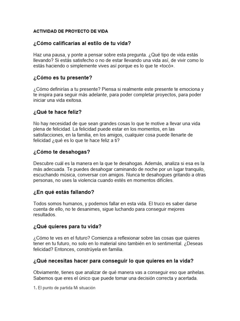 Actividad De Proyecto De Vida Pdf Felicidad
