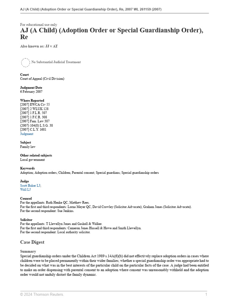 AJ (A Child) (Adoption Order or Special Guardianship Order) Re | PDF ...