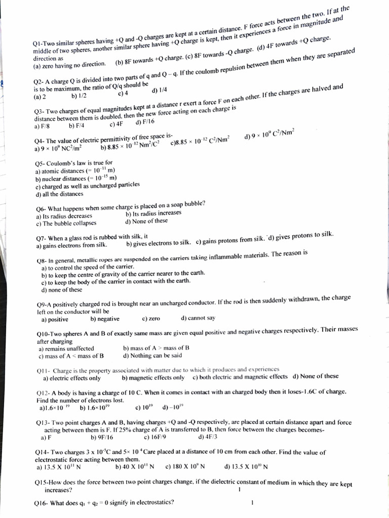 Electric Charges And Field Paper1 Pdf Force Electric Charge
