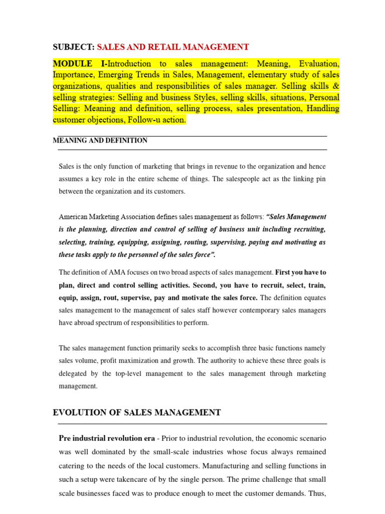 Sales and Retail Management Module 1 VTU | PDF | Sales | Marketing
