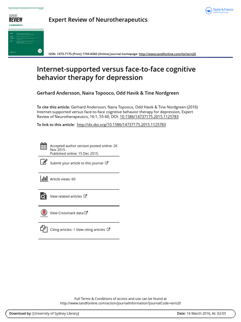 Internet-Supported Versus Face-To-Face Cognitive Behavior Therapy For Depression | PDF ...