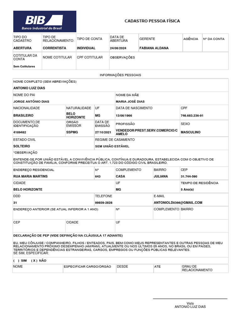 Ficha Cadastral | PDF | Cheque (banco) | Conta de transação