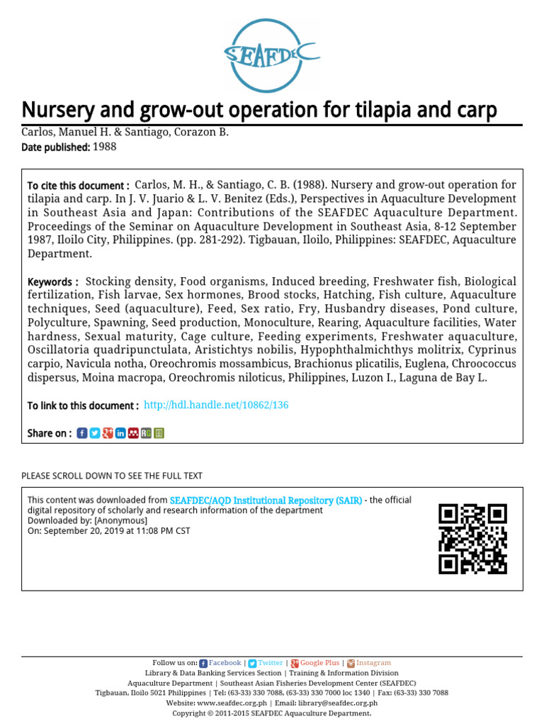 Seafdec - Nursery and Grow Out Operation For Tilapia and Carp | PDF ...