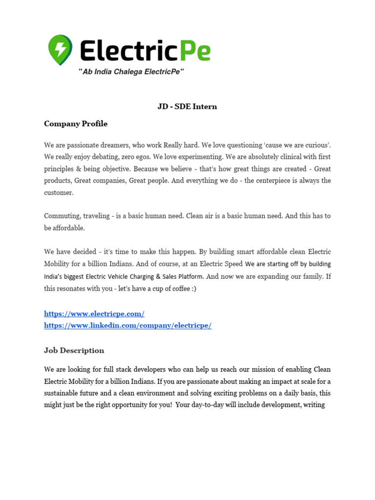 JD - SDE - Intern. | PDF | Electric Vehicle | Internet Of Things