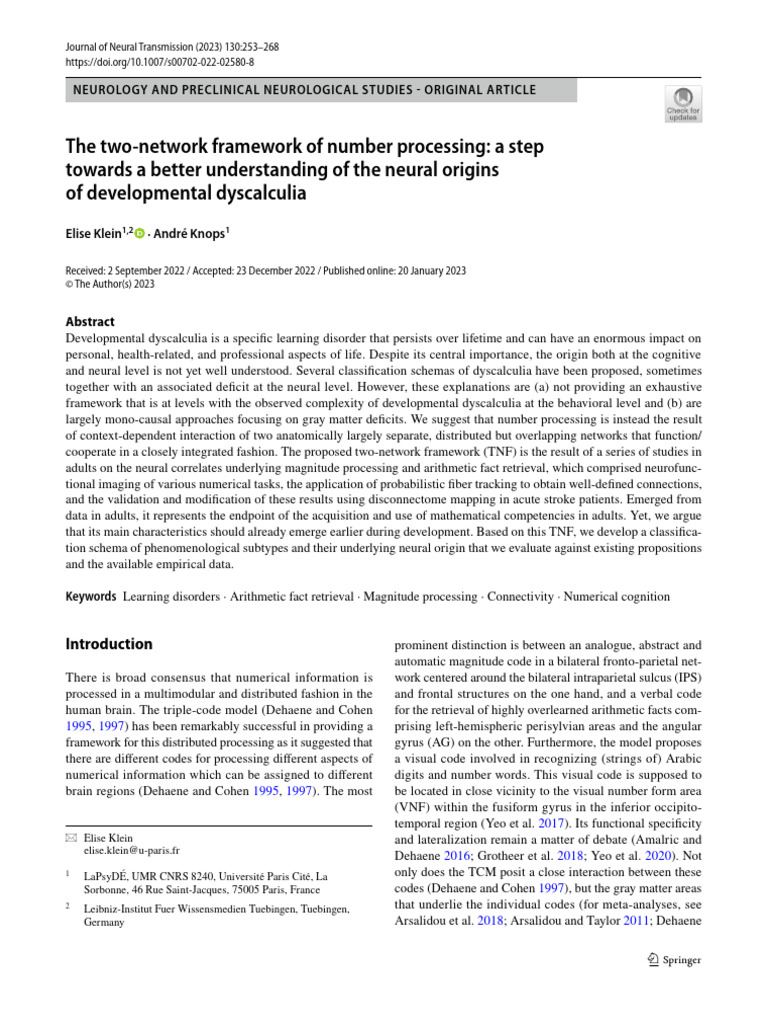 The Two Network Framework of Number Processing: A Step Towards A Better Understanding of The ...