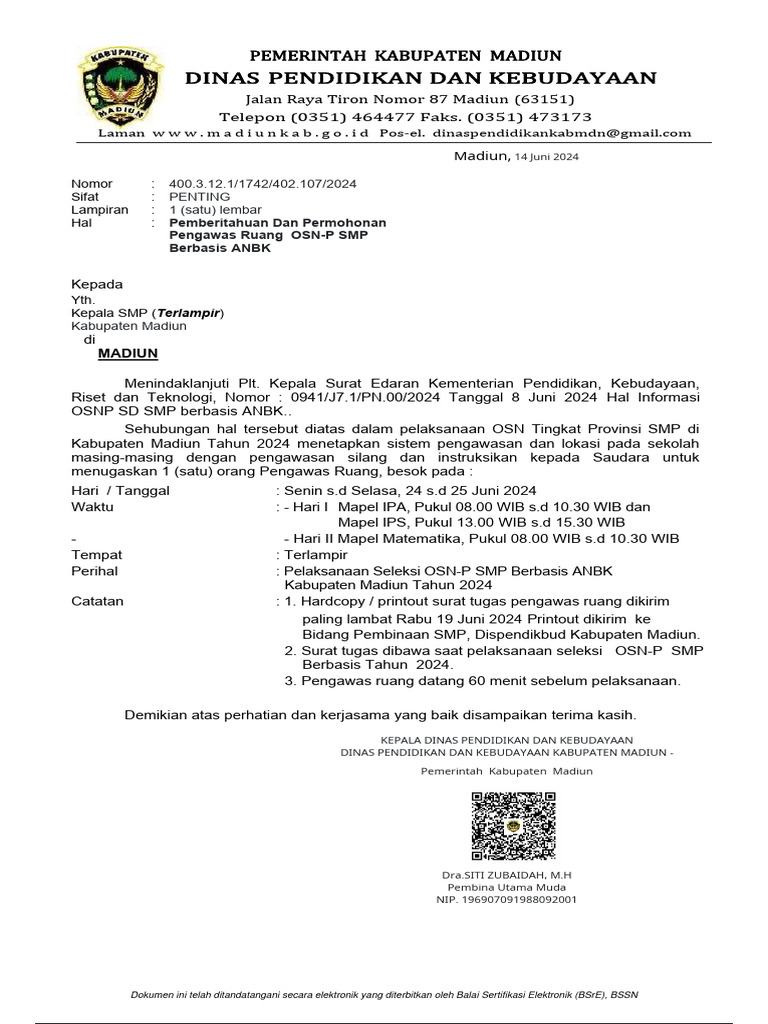 Pemberitahuan & Permohonan Pengawas Ruang OSNP ANBK | PDF